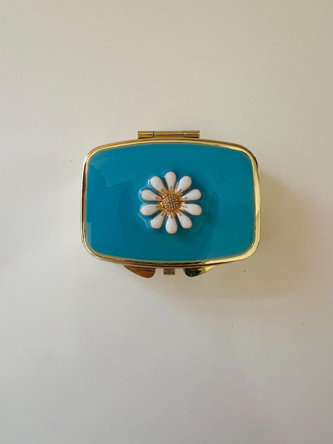Pretty Pill Box With Daisy on Baby Blue Glossy Resin: Two Compartment ...