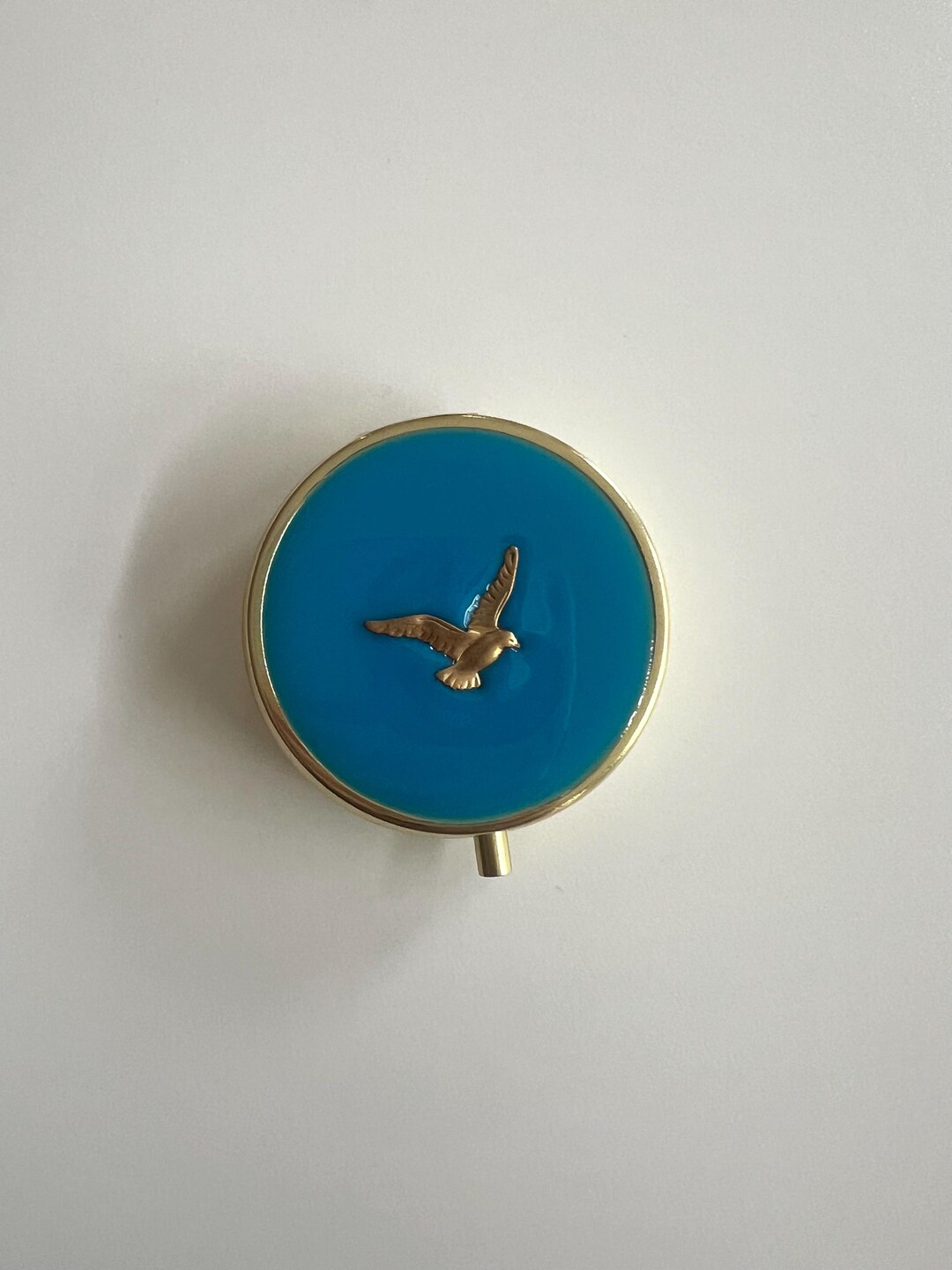 Pretty Pill Box With Brass Bird on Sky Blue Handpainted Resin, Medicine ...