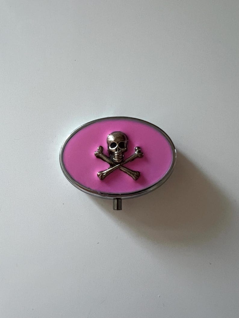 Pill Box, Pink Resin With Silver Skull and Bones Charm, Keepsake Box ...