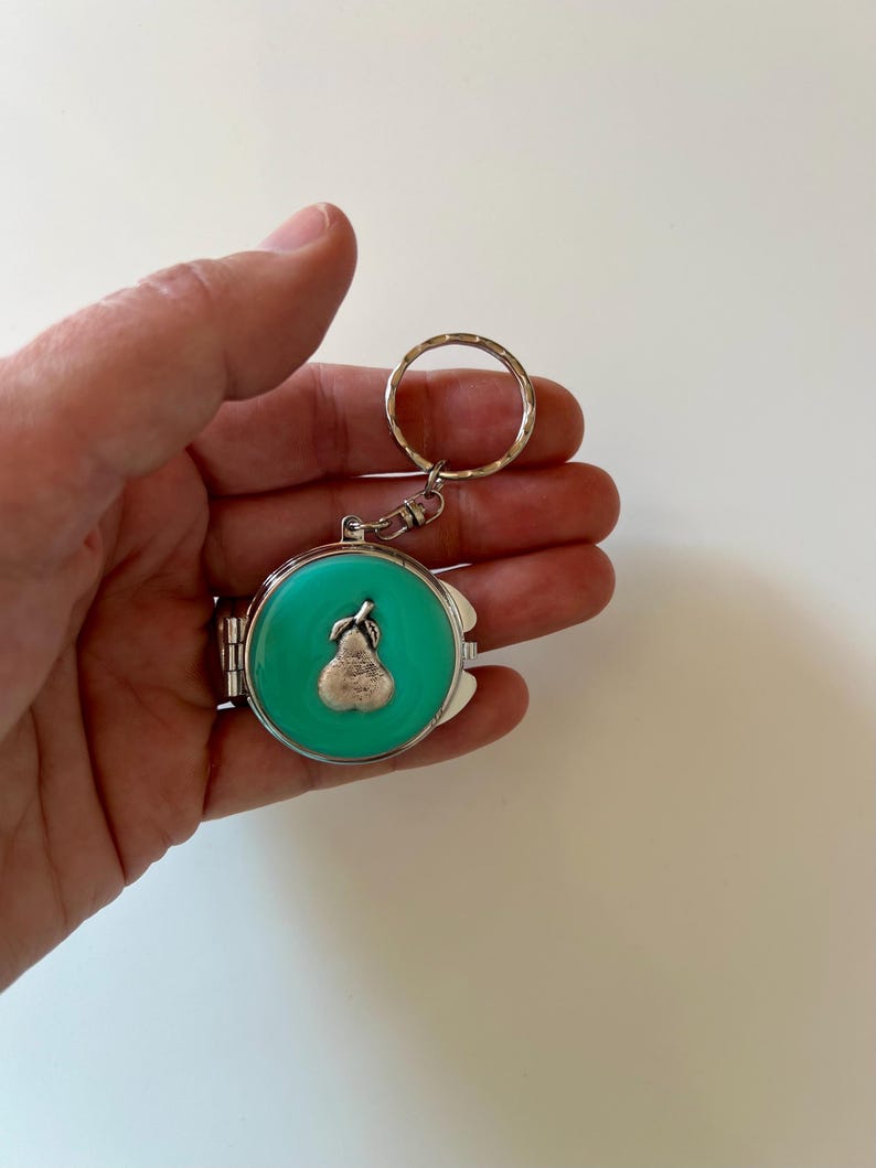 Tiny Compact Mirror Keychain: Silver Pear on Green Resin With Secret ...