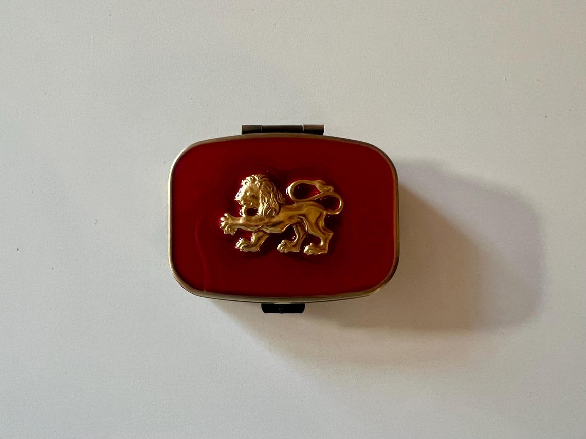 Pill Box With Brass Lion on Red Glossy Resin, Gift for Mom, Dad ...