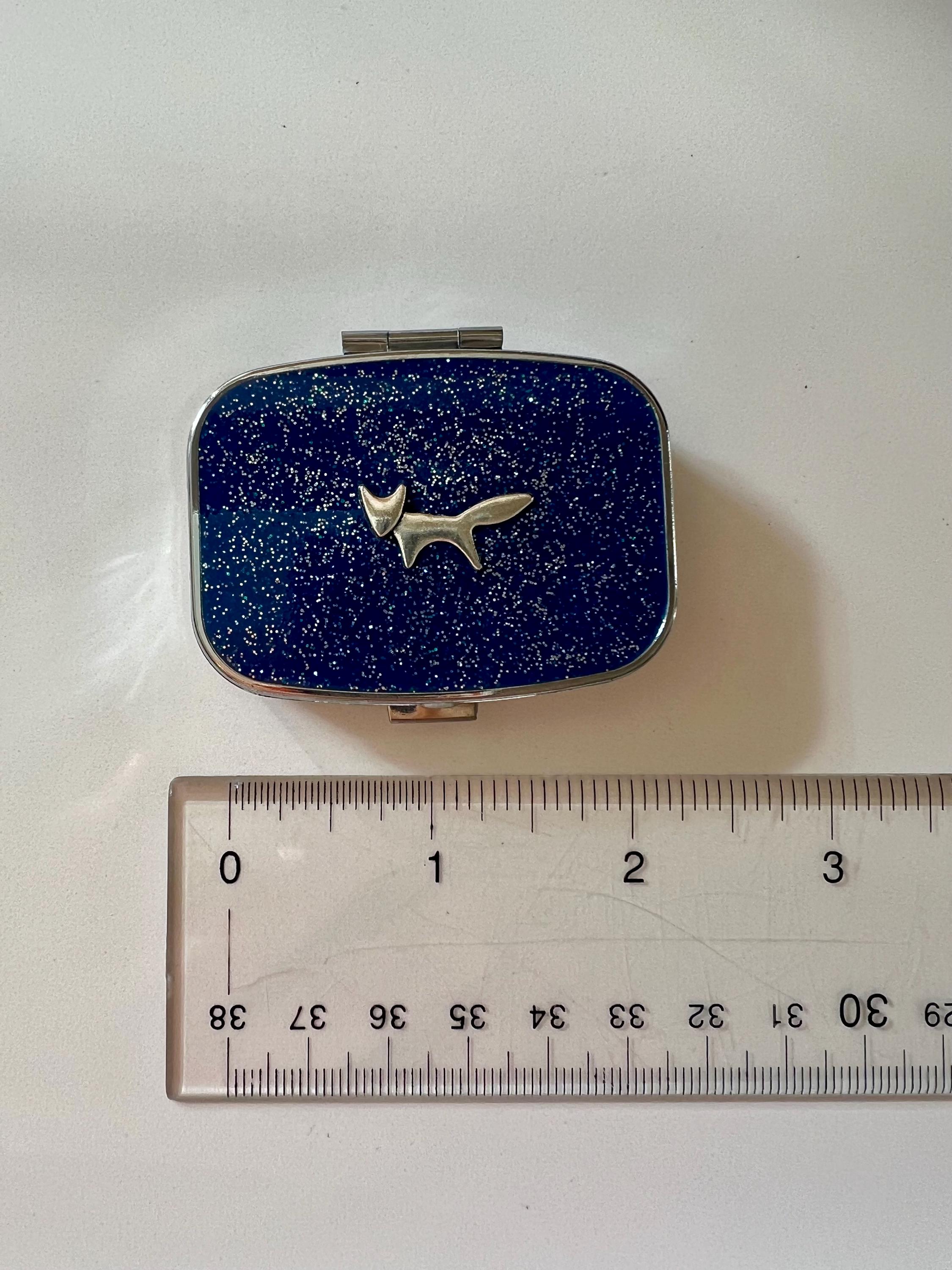 Pill Box With Fox Inlaid in Navy Blue Glossy Resin, Glittery Gift for ...