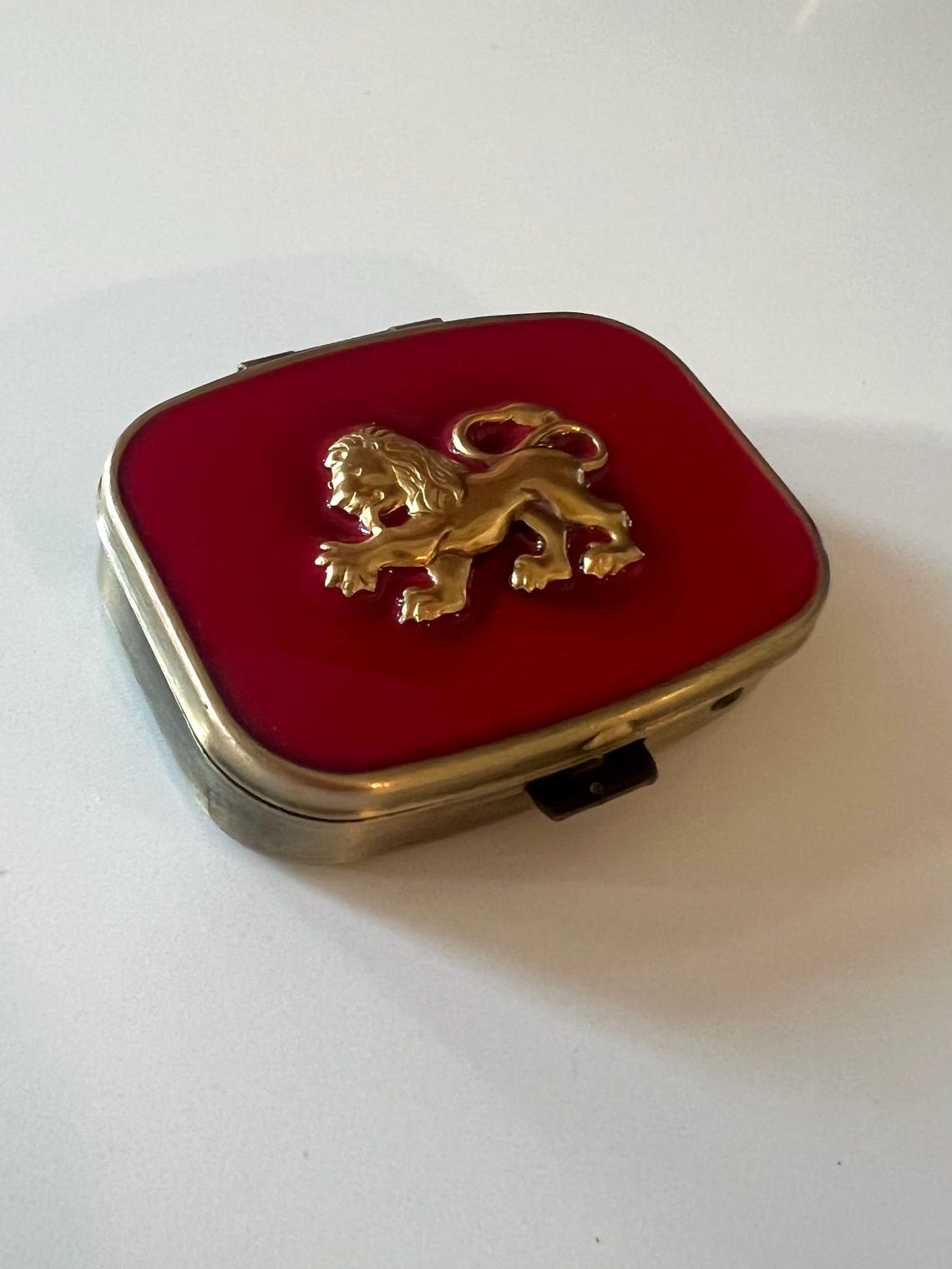 Pill Box With Brass Lion on Red Glossy Resin, Gift for Mom, Dad ...
