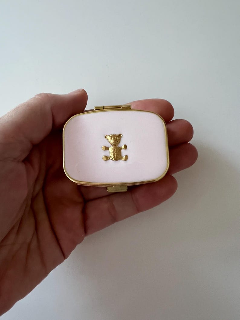 Small Pink Pill Box: Gold Teddy Bear 2-compartment Medicine Container ...