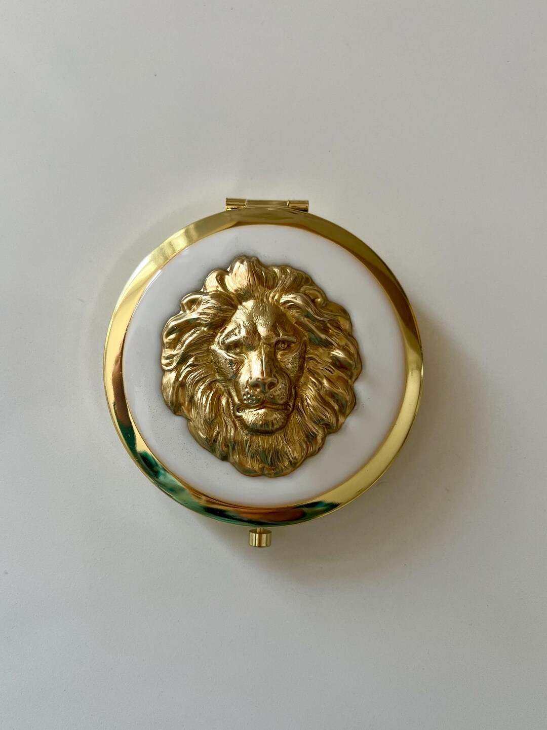 Luxurious Pocket Compact Mirror, Brass Lion on White Glossy Resin ...