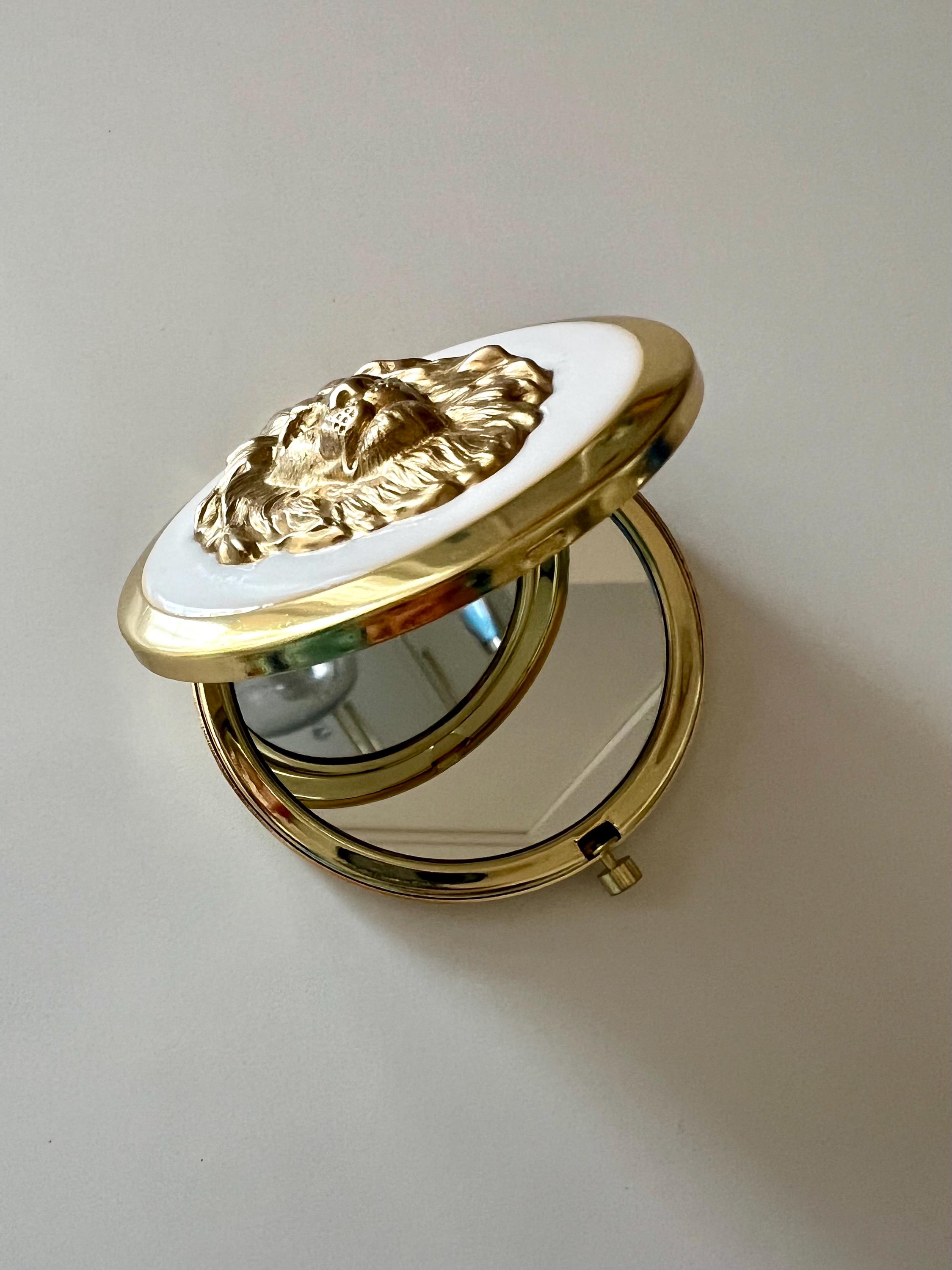 Luxurious Pocket Compact Mirror, Brass Lion on White Glossy Resin ...