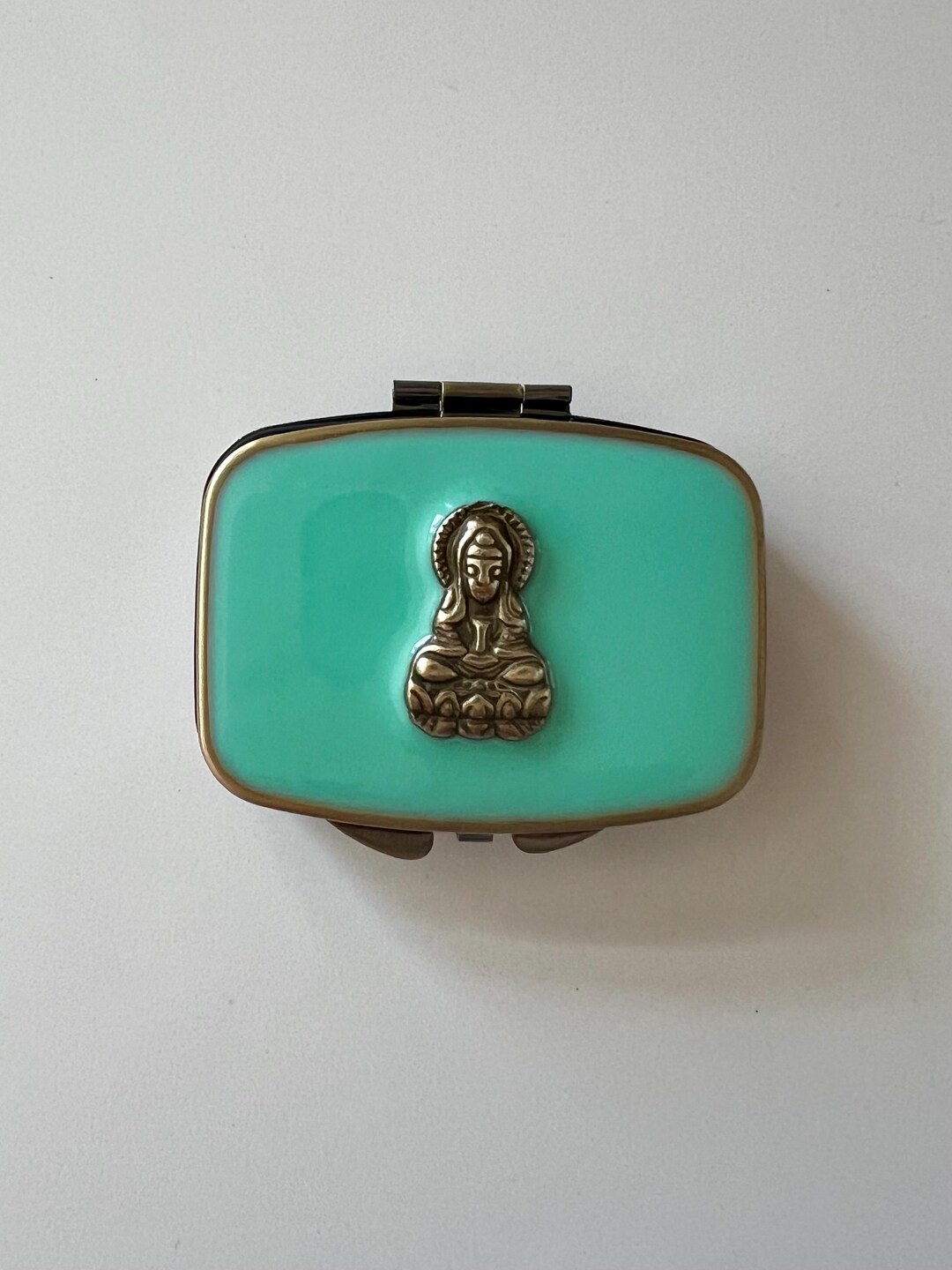 Buddha Pill Box: Turquoise Resin, Antiqued Brass, 2-compartment ...