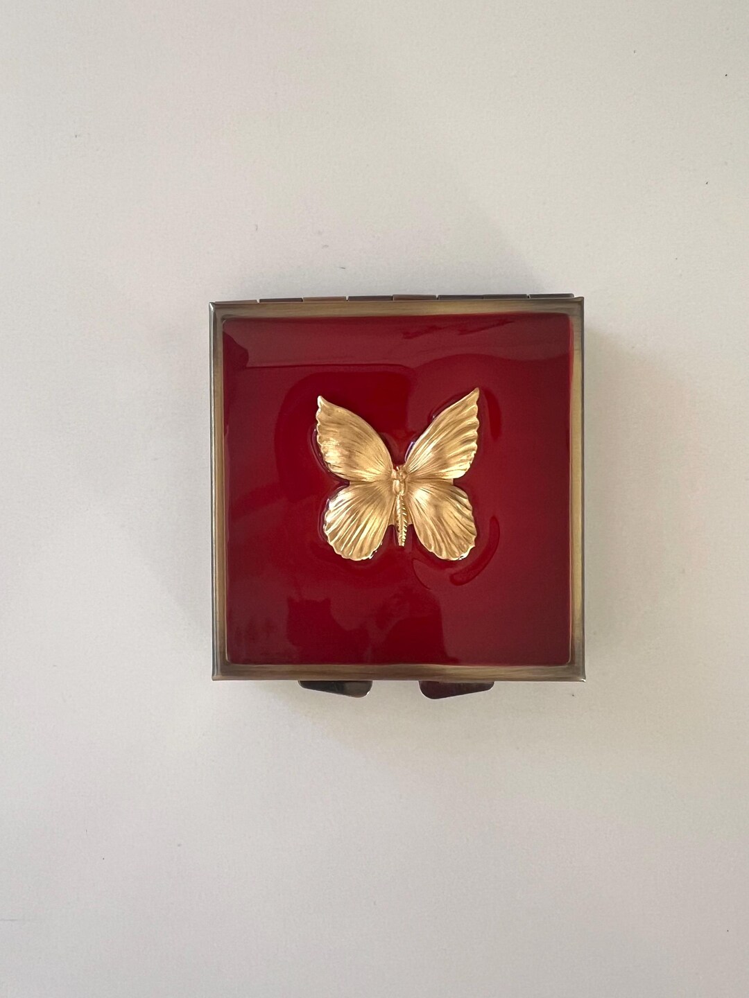 Antiqued Brass Butterfly Pill Case: Wine Red Resin, 4-compartment ...