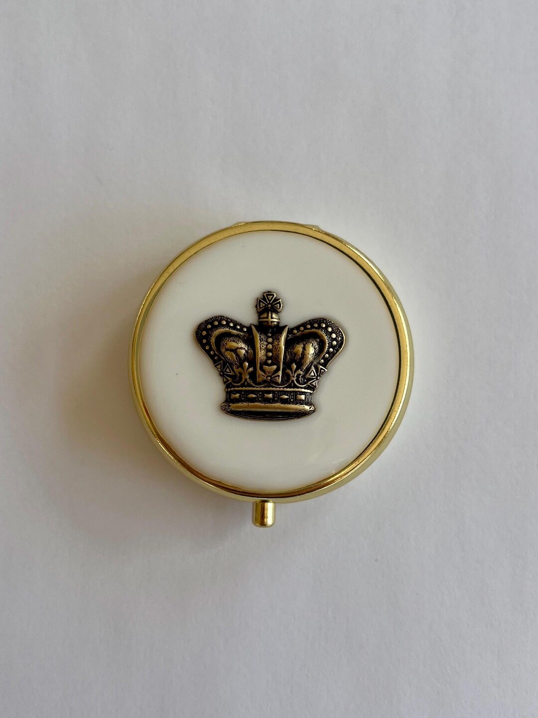 Pill Box With Antique Golden Crown Set on Glossy White Resin, Hand ...