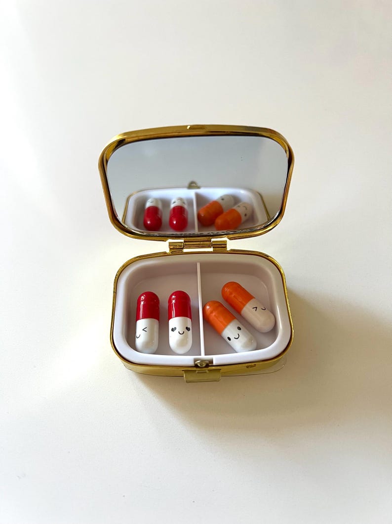 Small Pink Pill Box: Gold Teddy Bear 2-compartment Medicine Container ...