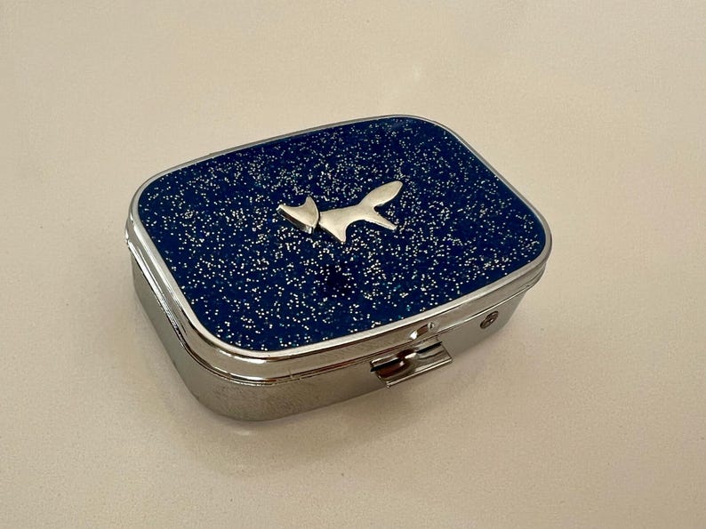 Pill Box With Fox Inlaid in Navy Blue Glossy Resin, Glittery Gift for ...