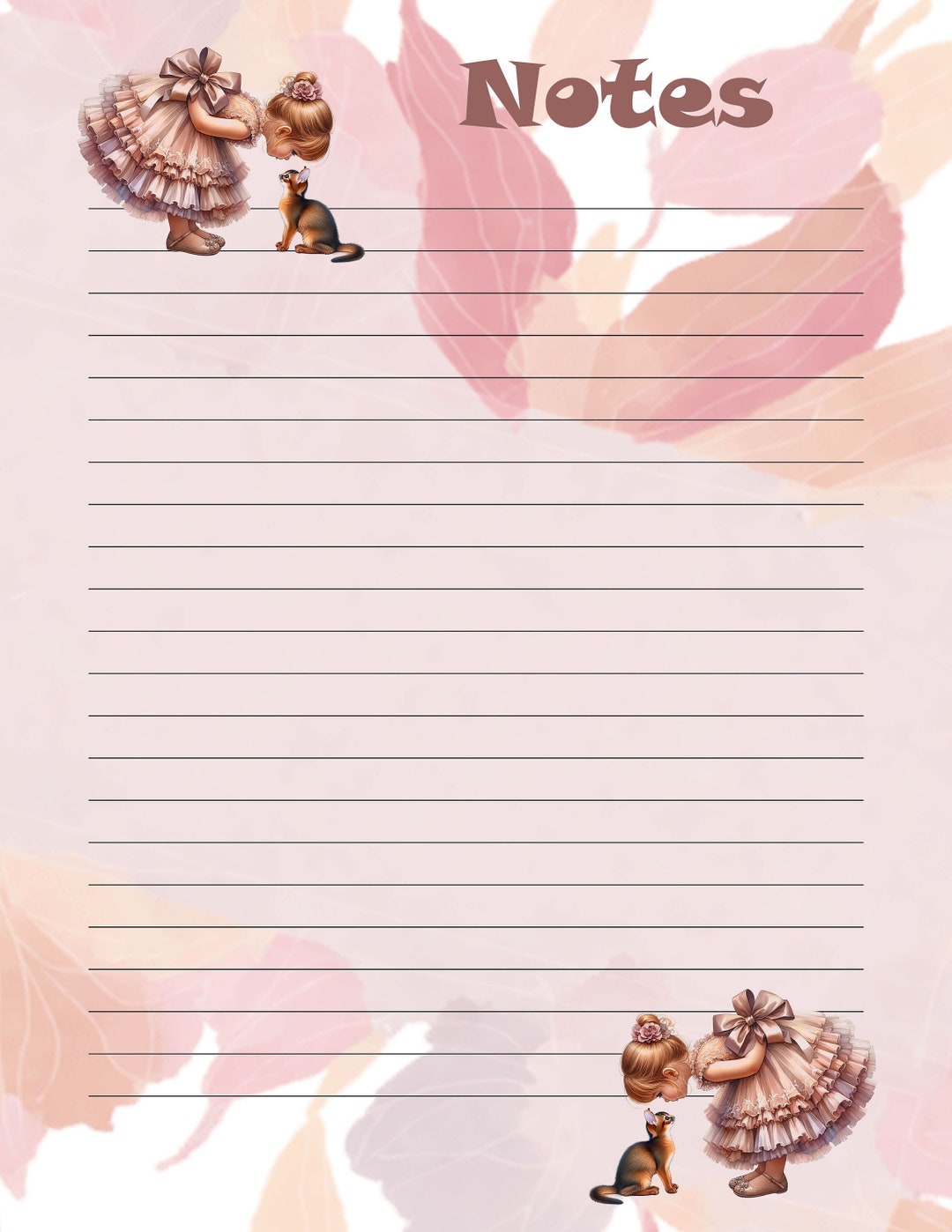 Abyssinian Cat, Girl With Cat, Digital, Stationery, Note Page ...