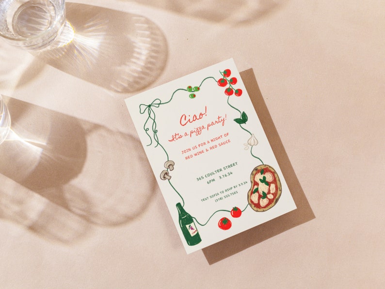 Hand-drawn Digital Party Invitation Template | Pizza Party Theme | Red ...