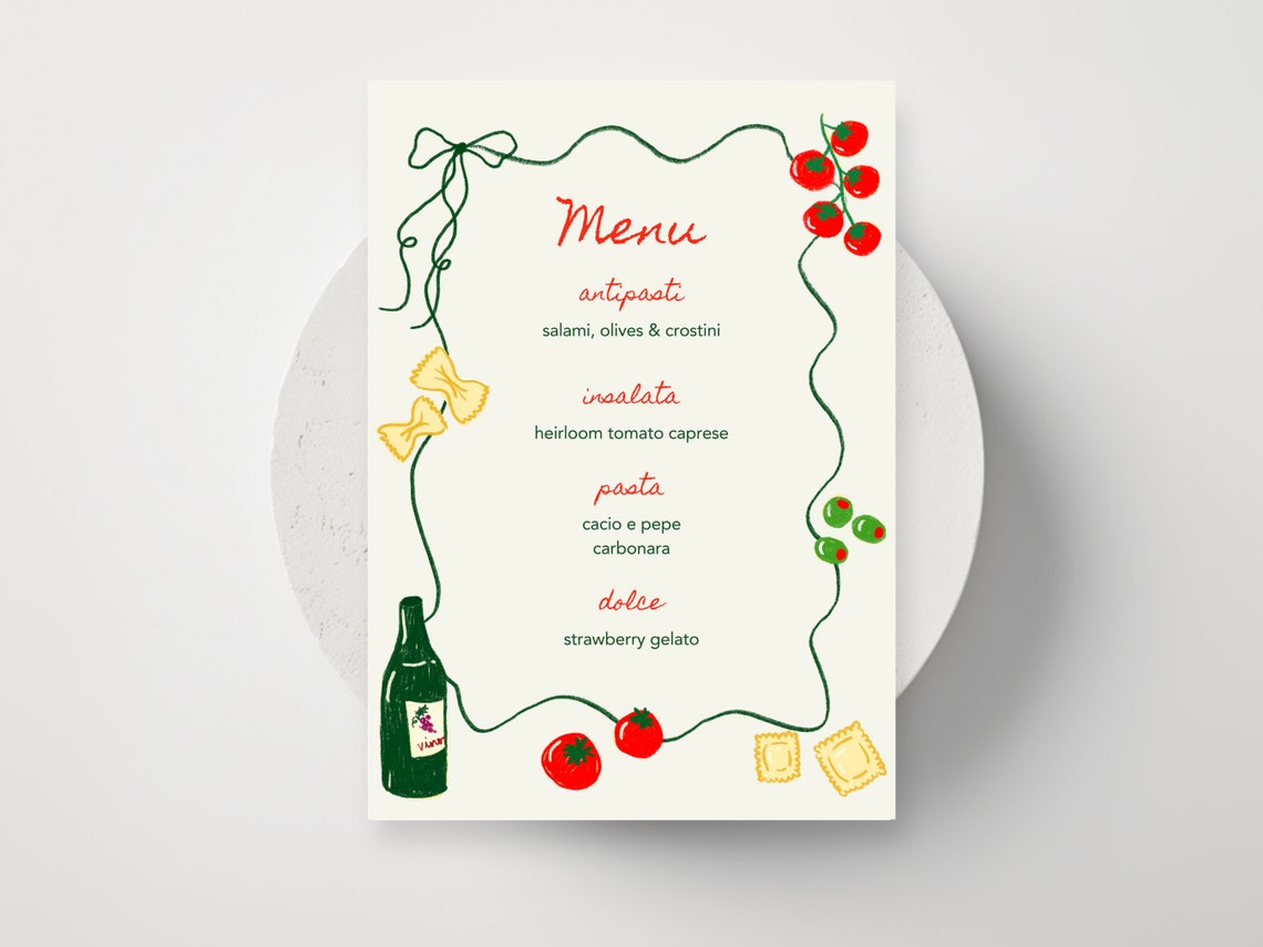 Hand-drawn Digital Party Menu Template | Pasta Party Theme | Red Sauce ...