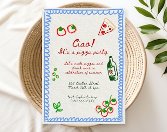 Hand-drawn Digital Party Invitation Template | Pizza Party Theme | Red ...