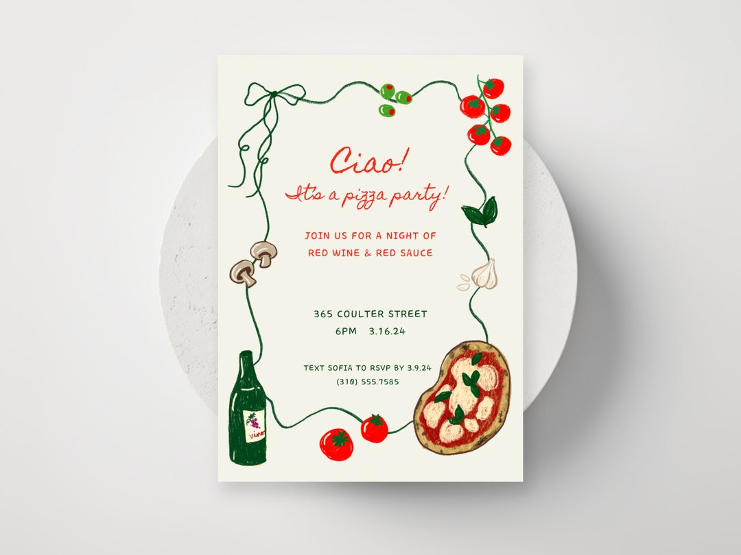 Hand-drawn Digital Party Invitation Template | Pizza Party Theme | Red ...