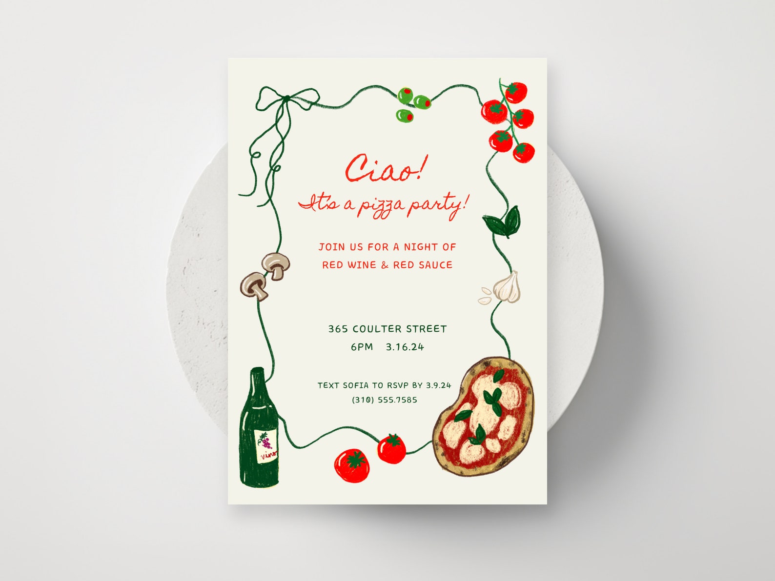Hand-drawn Digital Party Invitation Template | Pizza Party Theme | Red ...