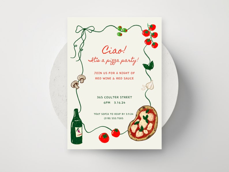 Hand-drawn Digital Party Invitation Template | Pizza Party Theme | Red ...