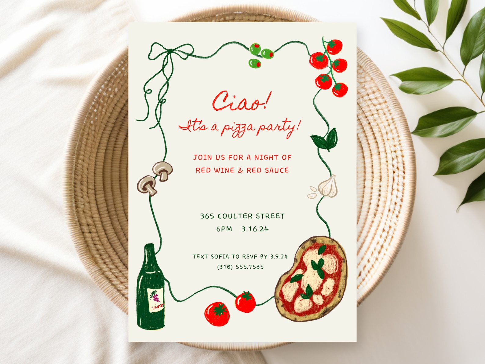 Hand-drawn Digital Party Invitation Template | Pizza Party Theme | Red ...