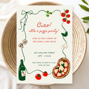 Hand-drawn Digital Party Invitation Template | Pizza Party Theme | Red ...