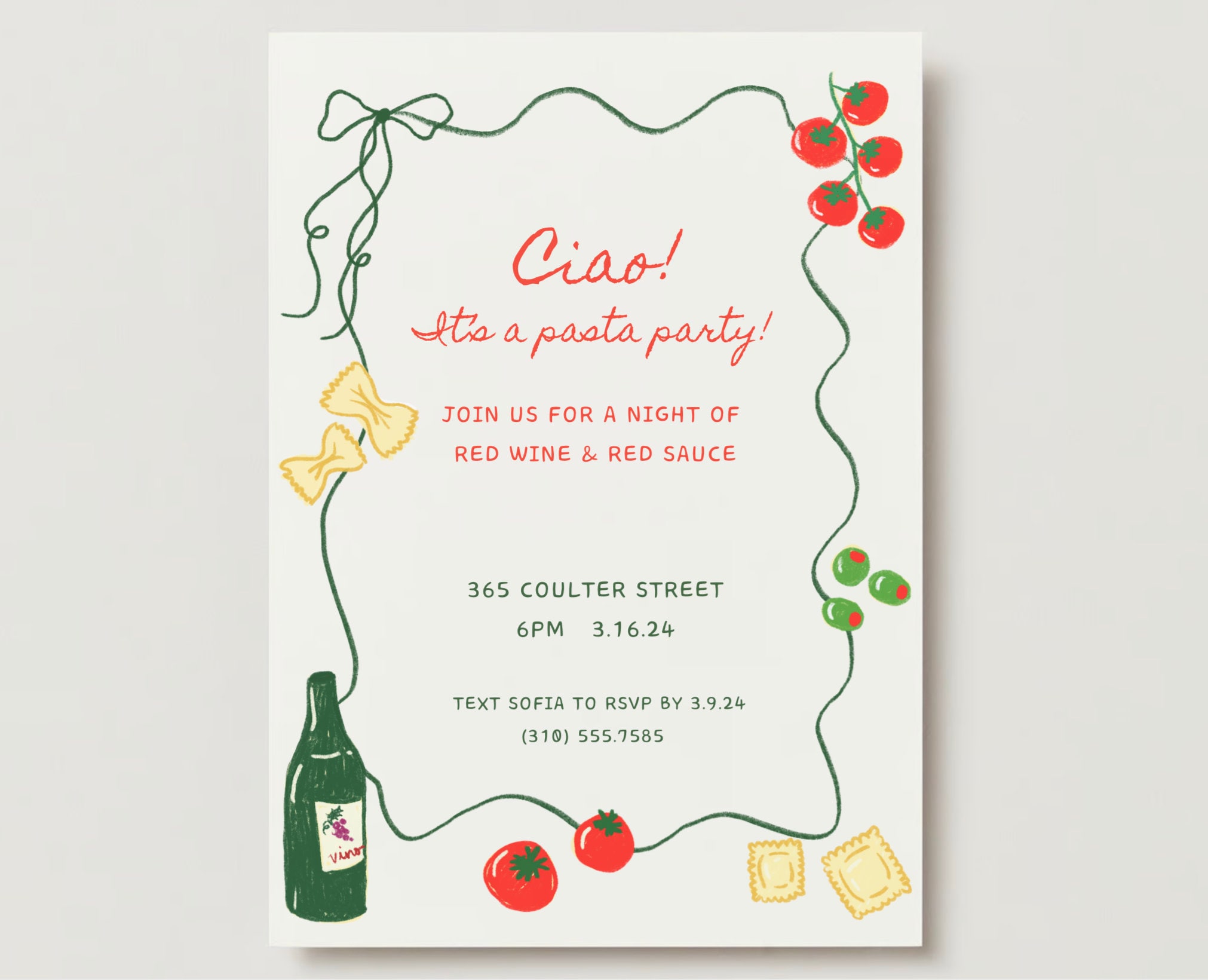 Hand-drawn Digital Party Invitation Template | Pasta Party Theme | Red ...