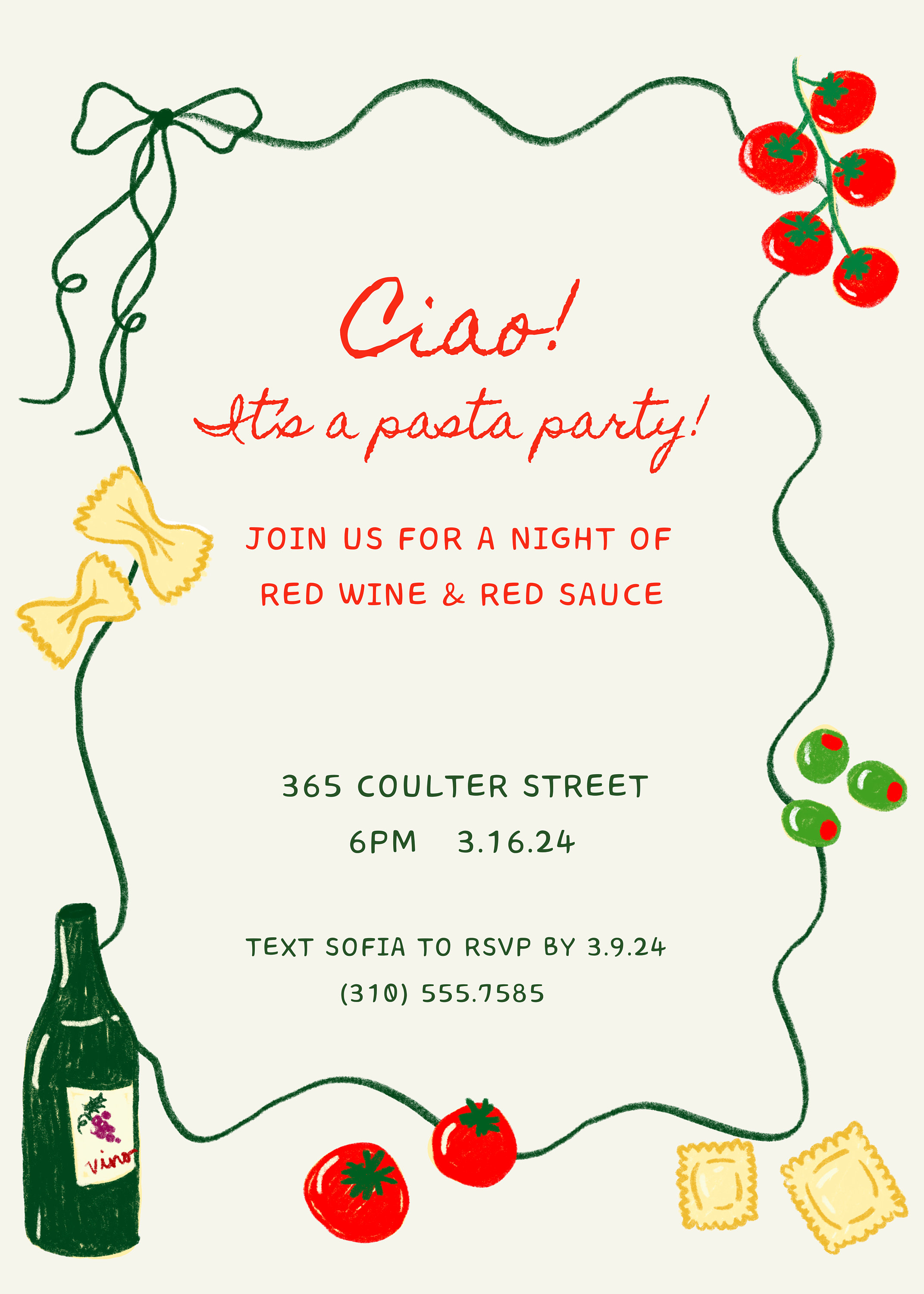 Hand-drawn Digital Party Invitation Template | Pasta Party Theme | Red ...