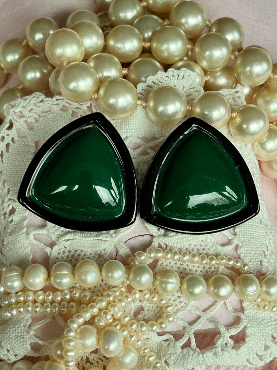 Vintage 80's MARC LABAT Clip on Earrings Green and Black Triangle ...