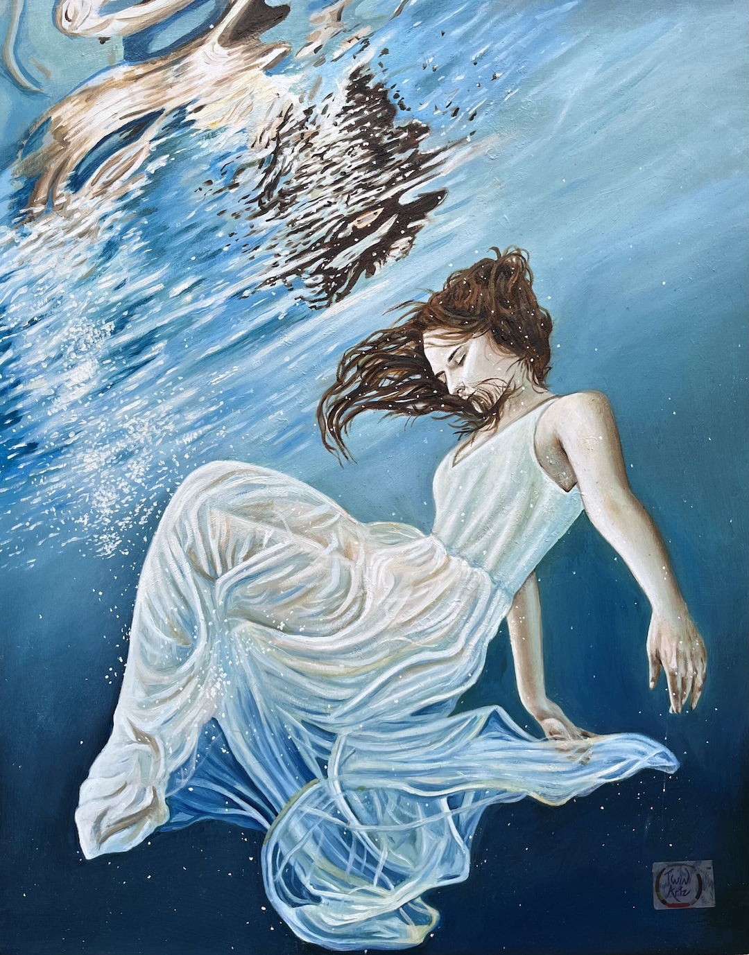 Lady Floating Blue Water Art Print Paper Giclee Wall Art Frame-ready ...