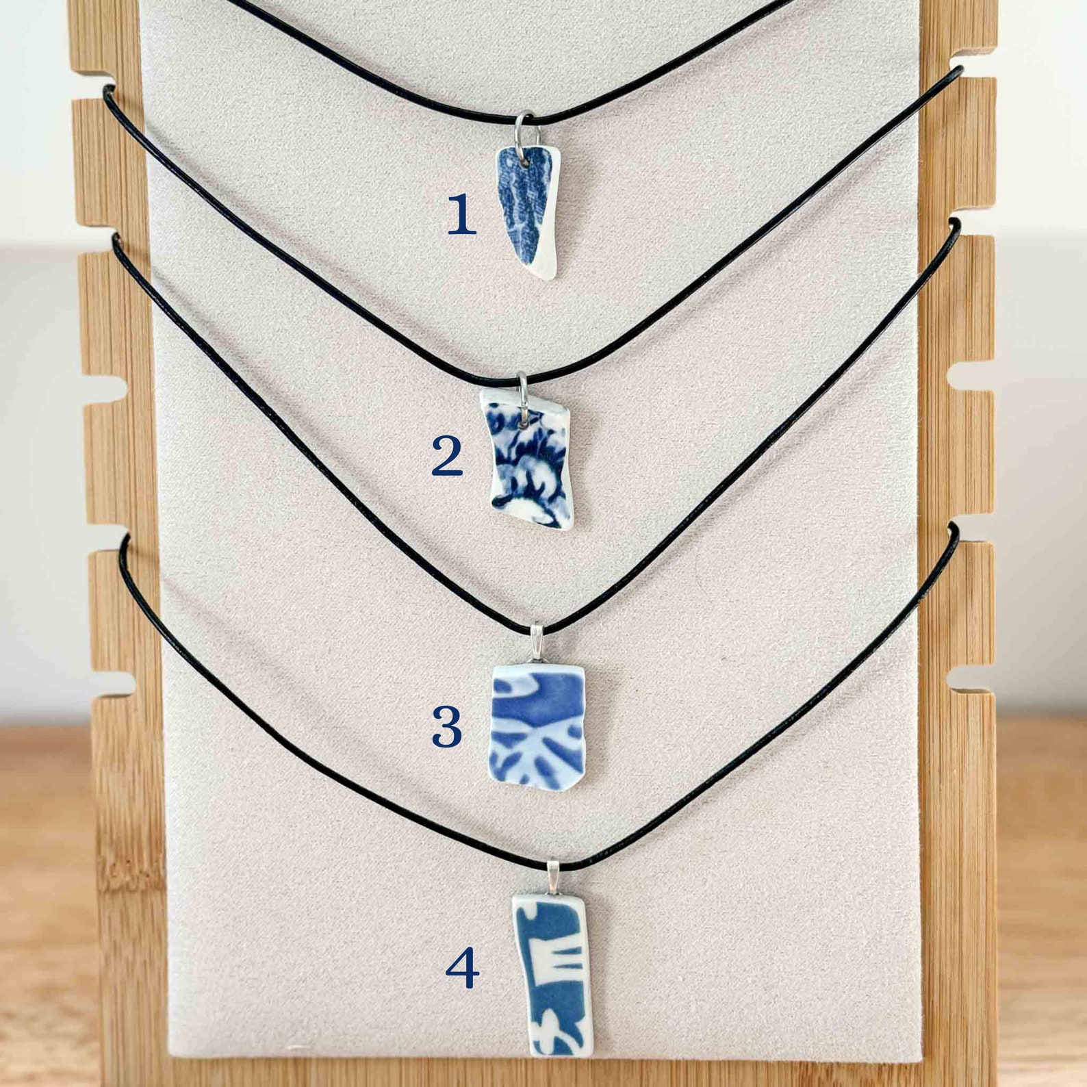 Small Reclaimed Ceramic Pendant on Black Leather Cord, Delft Blue ...