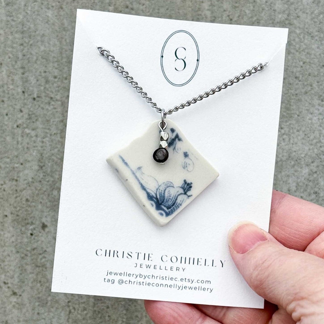 Delft Blue Floral Pottery Necklace With Black Pearl, Broken China ...