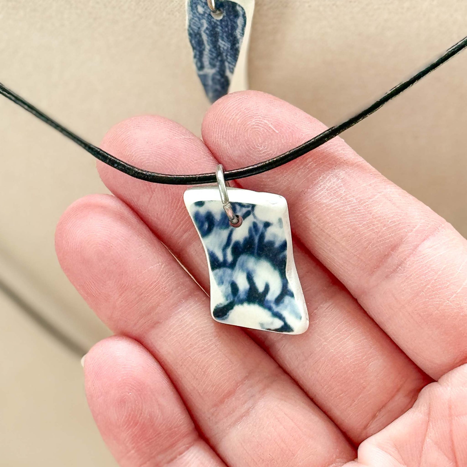 Small Reclaimed Ceramic Pendant on Black Leather Cord, Delft Blue ...