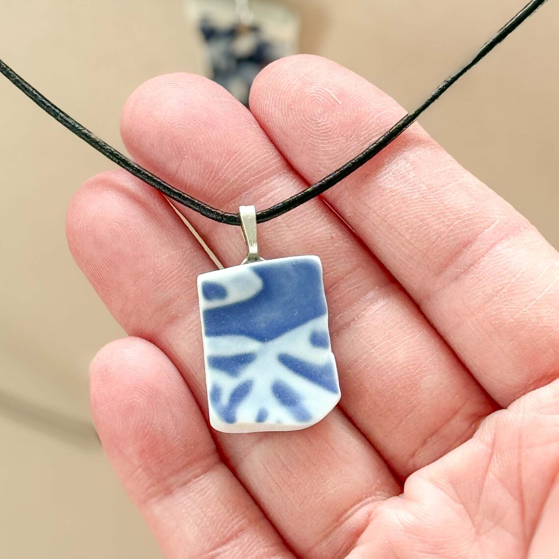 Small Reclaimed Ceramic Pendant on Black Leather Cord, Delft Blue ...