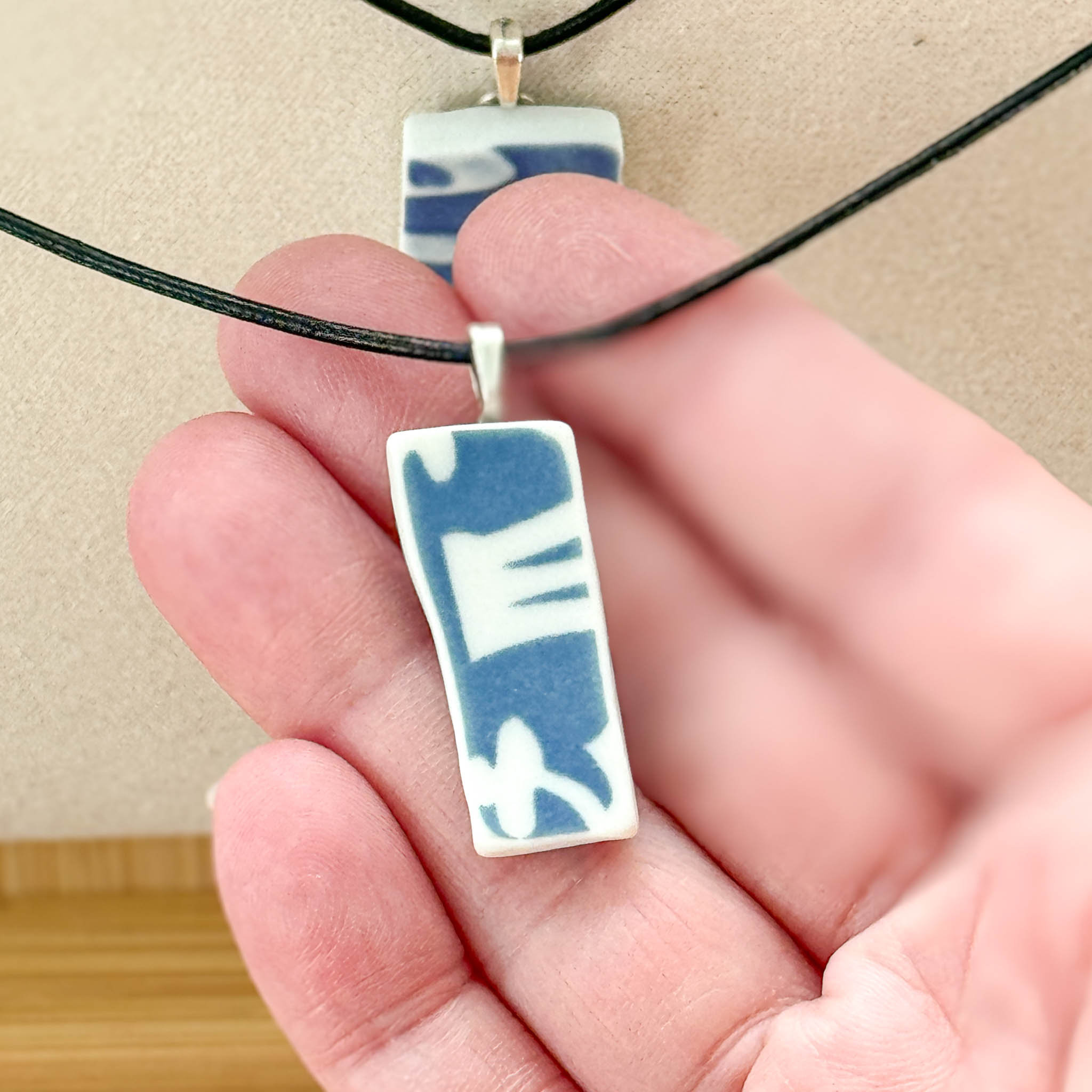 Small Reclaimed Ceramic Pendant on Black Leather Cord, Delft Blue ...