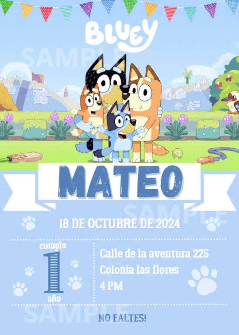 Invitación de cumpleaños Bluey editable de doble cara inglés/español ...