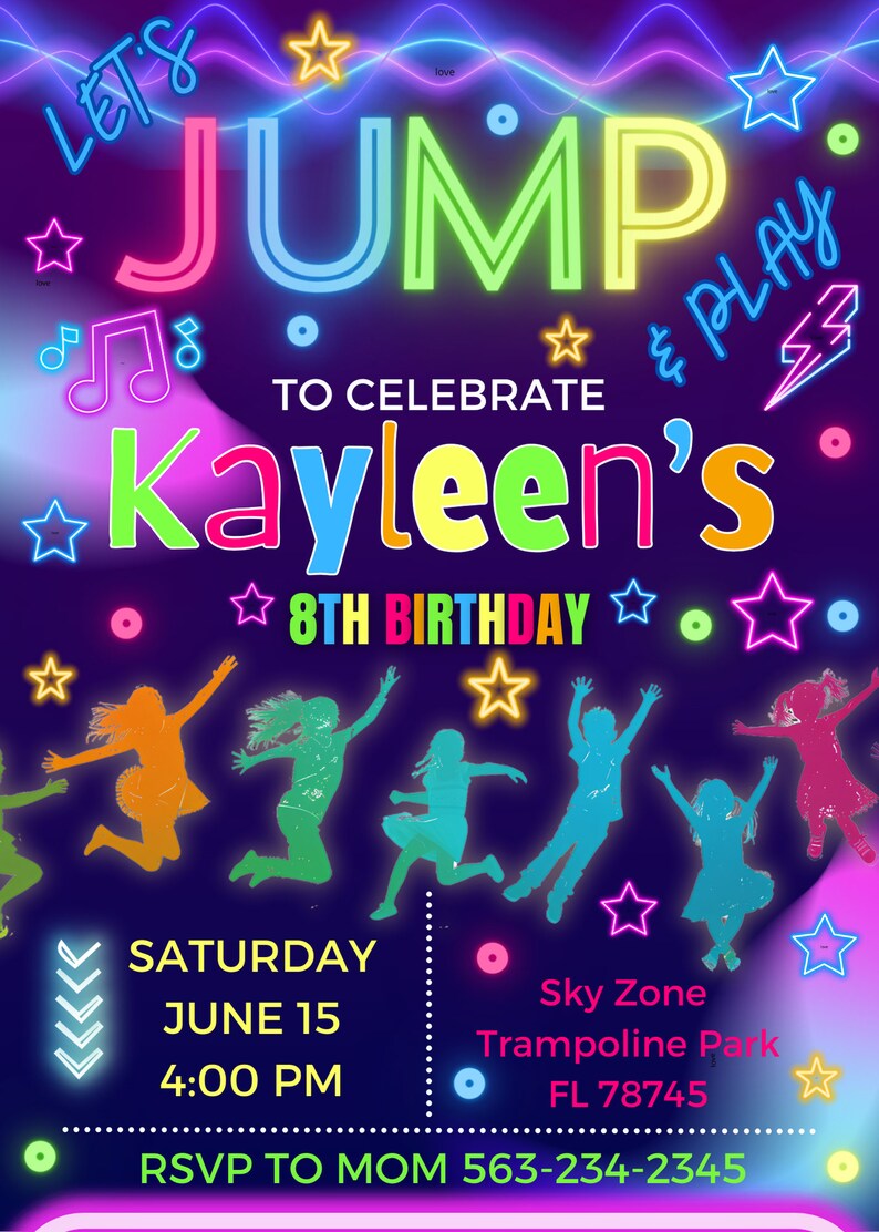 Editable Jump Birthday Party Invitation Neon Glow Jump Birthday Party ...