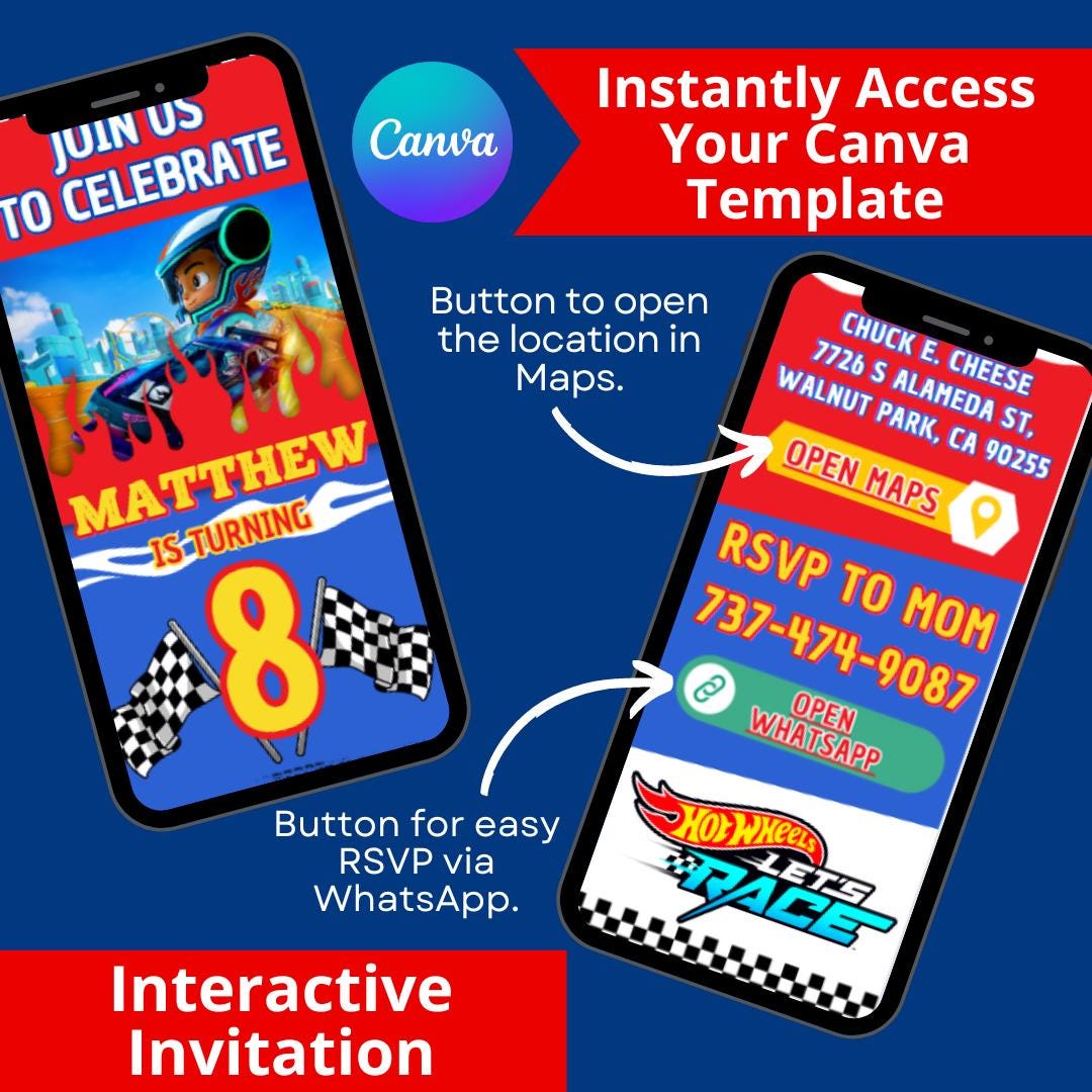 Race & Cars Interactive Invitation Canva Template Hot Wheels, Maps and ...