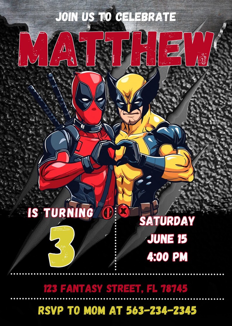 Editable Text Deadpool 3 Birthday Invitation Canva Wolverine Invite ...