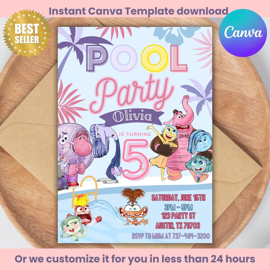 Customized Text Pool Party Inside Out 2 Birthday Invitation Canva - Etsy