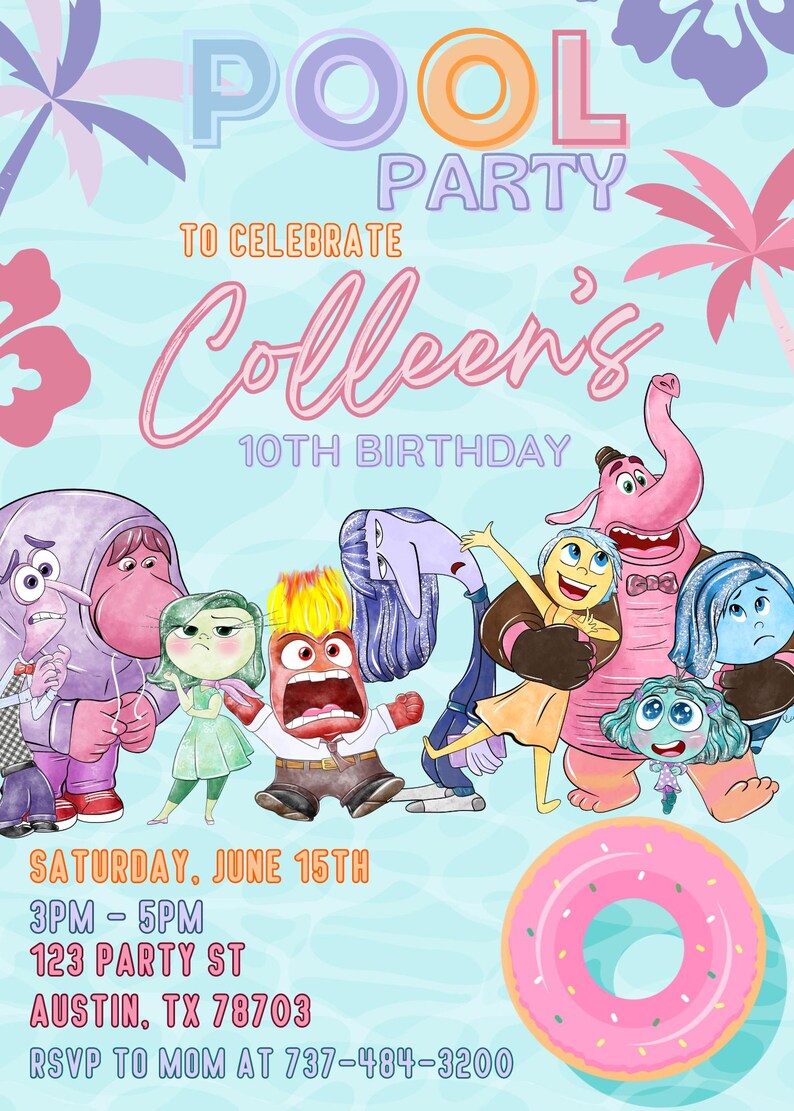 Customized Text Pool Party Inside Out 2 Birthday Invitation Canva ...