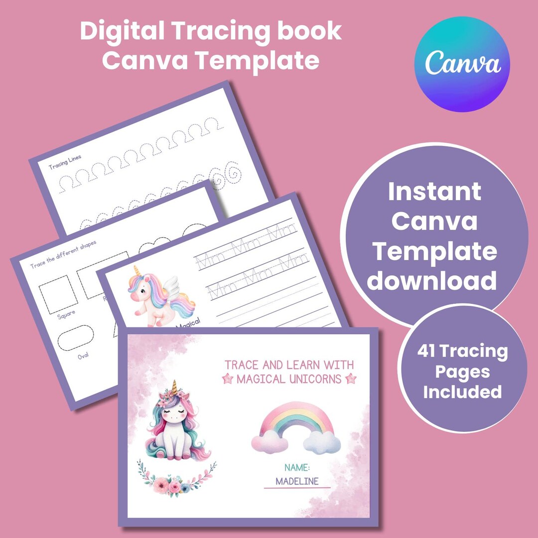 Unicorns Magical Tracing Book Digital Canva Template for Abcs, Name ...