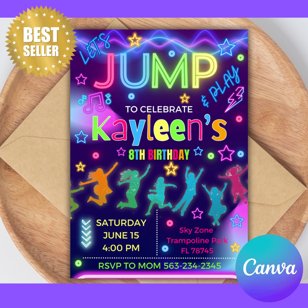 Editable Jump Birthday Party Invitation Neon Glow Jump Birthday Party ...