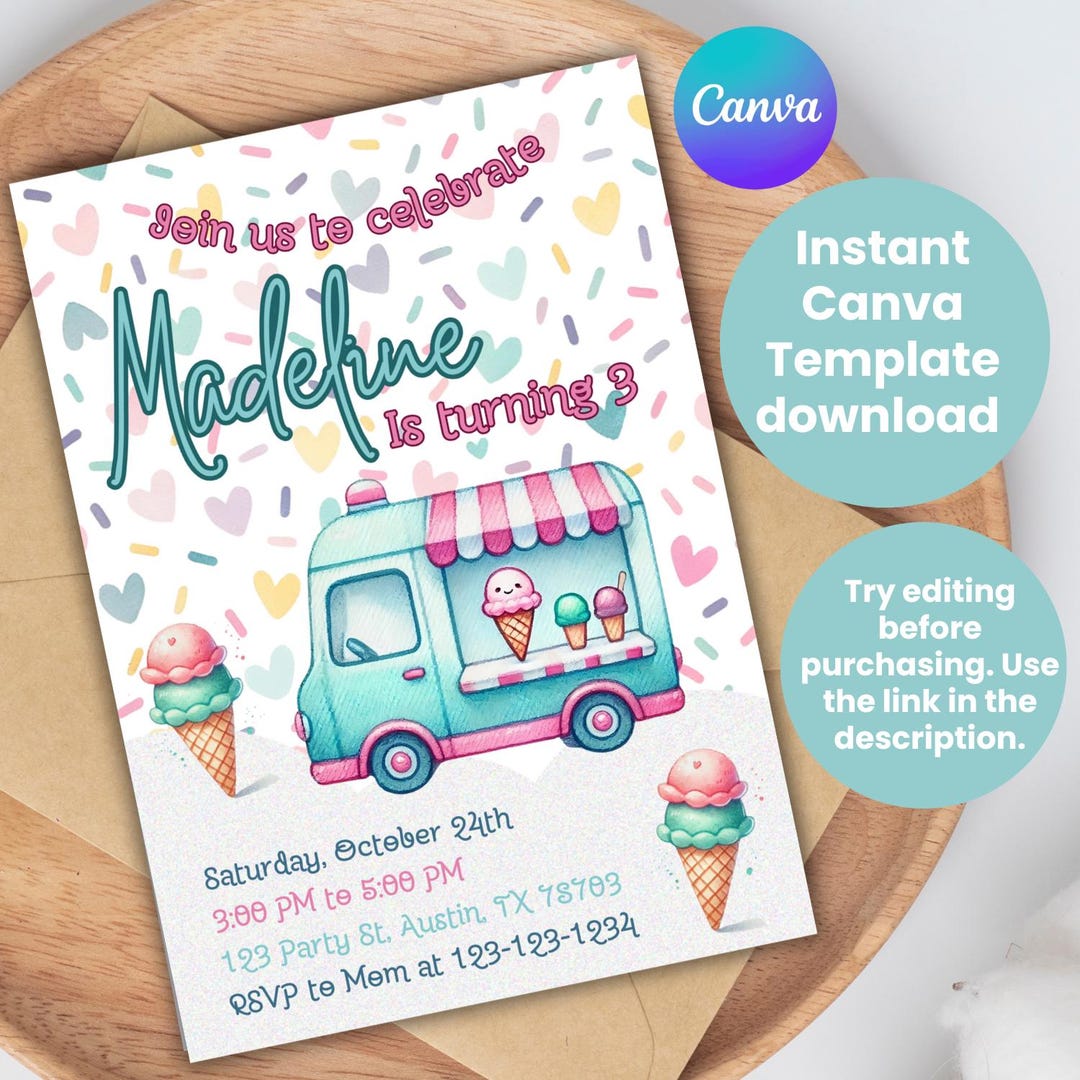 Sundae Funday Ice Cream Party Invitation Template Editable Canva Design ...