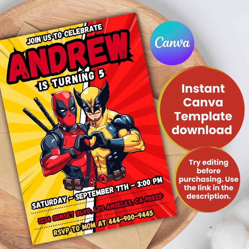 Texto editable Deadpool 3 invitación de cumpleaños Canva Wolverine ...