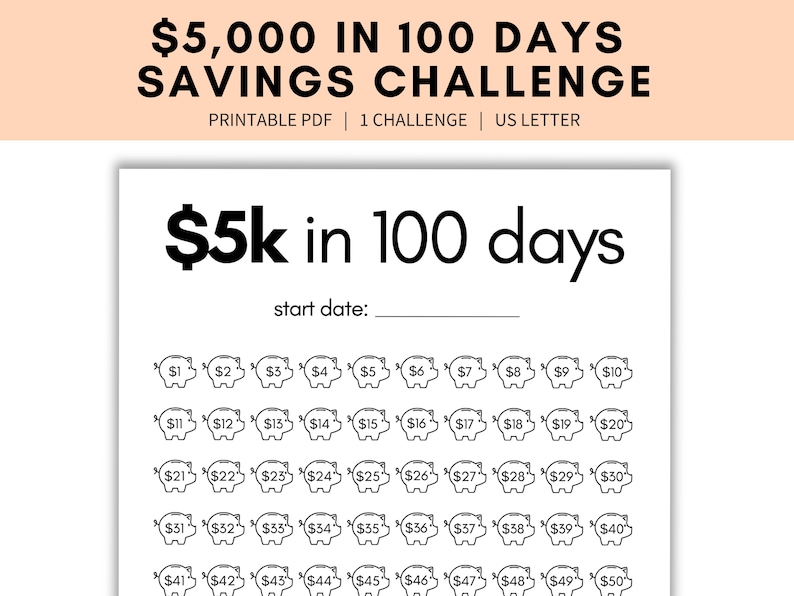 5000 Savings Challenge Printable, 5k in 100 Days, 5k Savings Challenge ...