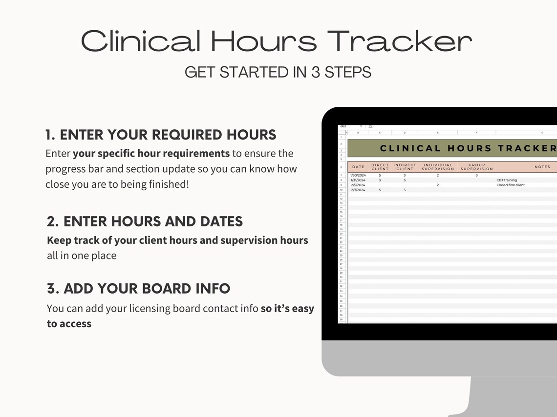 Clinical Hours Tracker Template Google Sheets Earth Tone, Clinical Hours Log, Social Work ...
