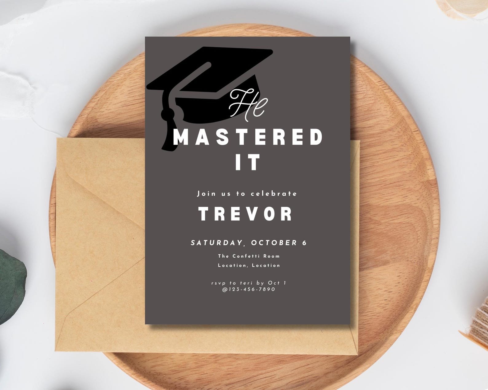 Masters Graduation Invitation: He Mastered It, Canva Template (digital ...