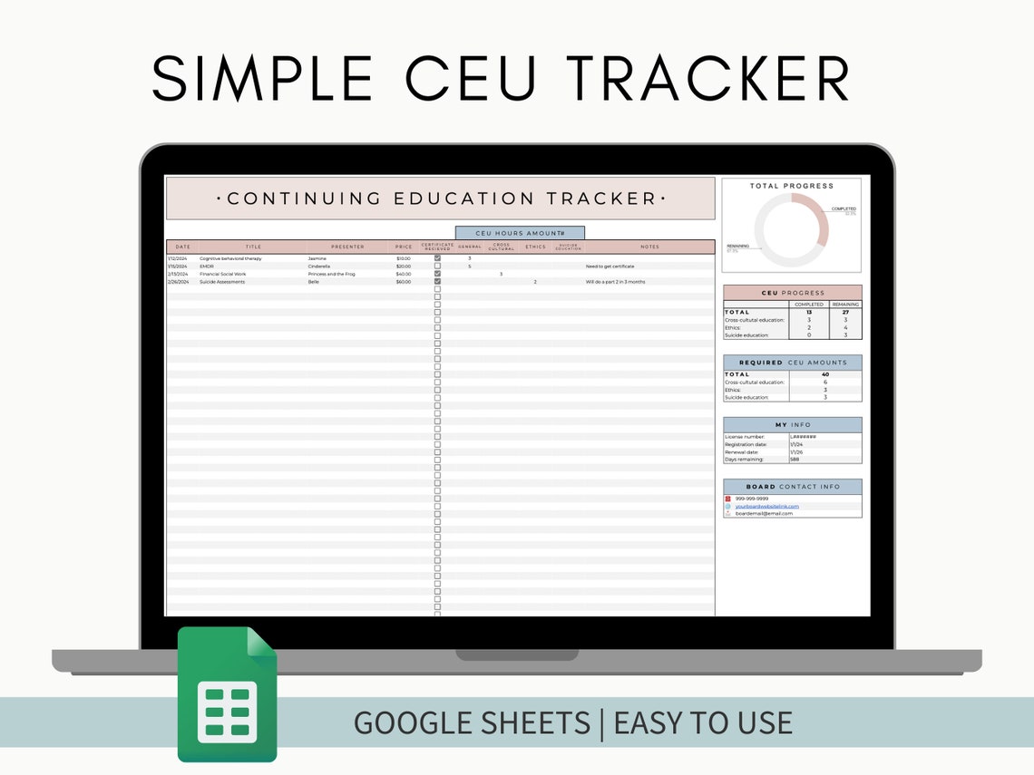CEU Tracker Template Google Sheets, Continuing Education Tracker ...
