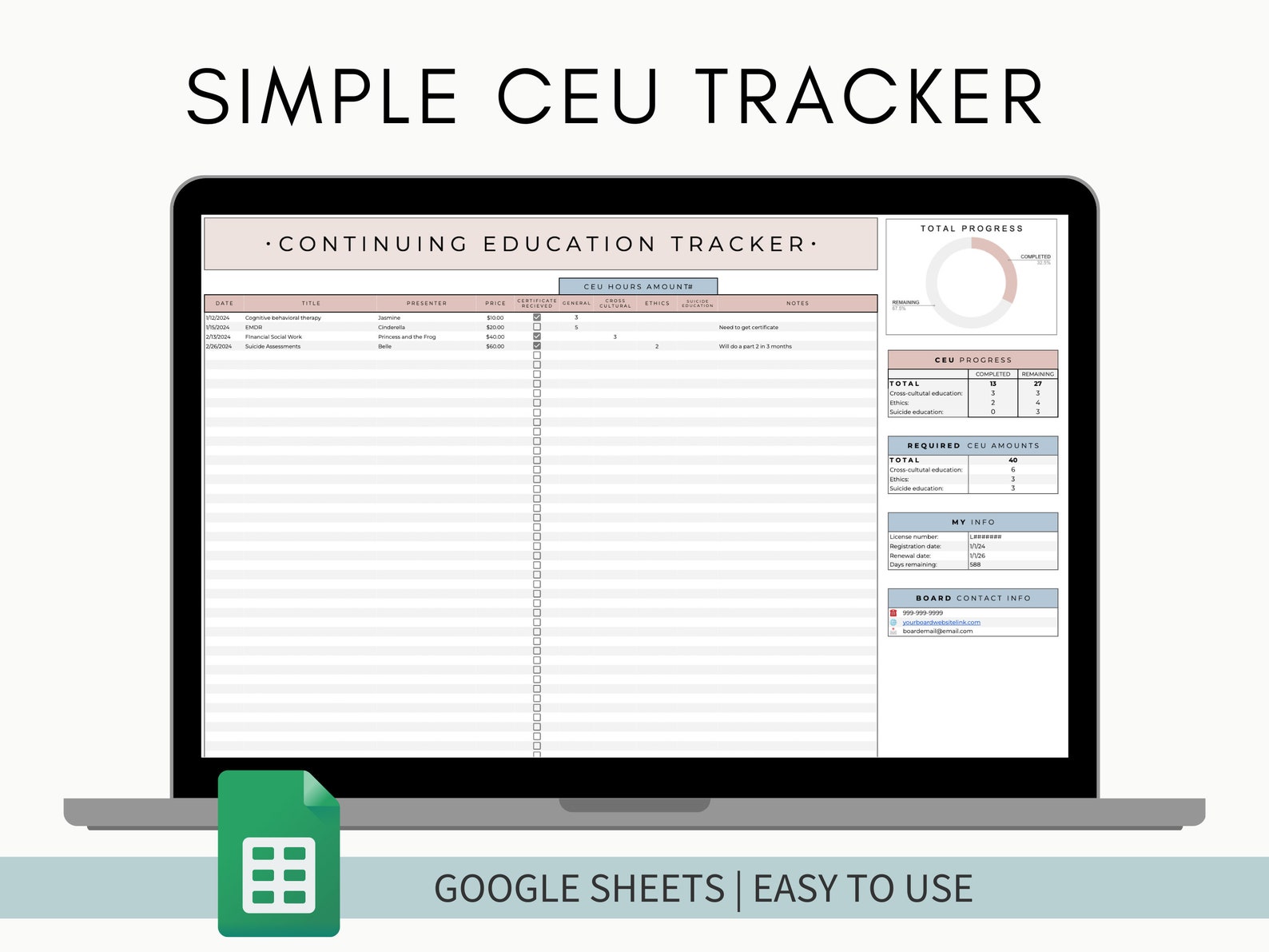 CEU Tracker Template Google Sheets, Continuing Education Tracker ...