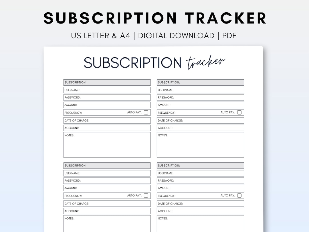 Subscription Tracker Printable PDF, Auto Pay Tracker, Monthly ...