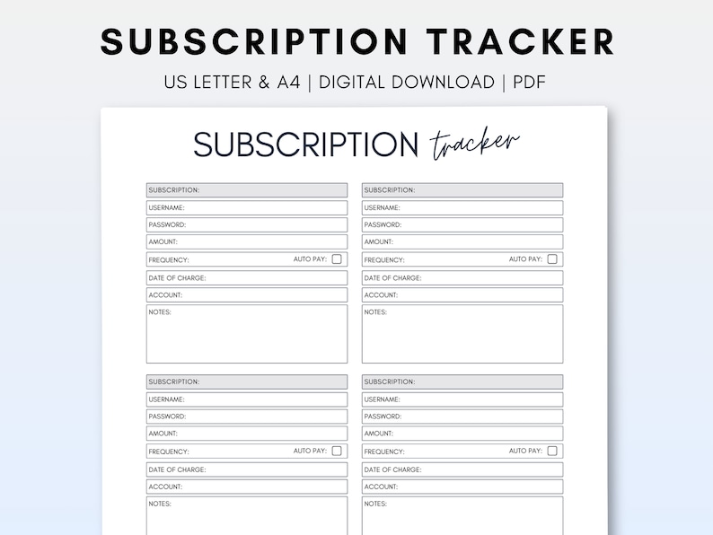 Subscription Tracker Printable PDF, Auto Pay Tracker, Monthly ...